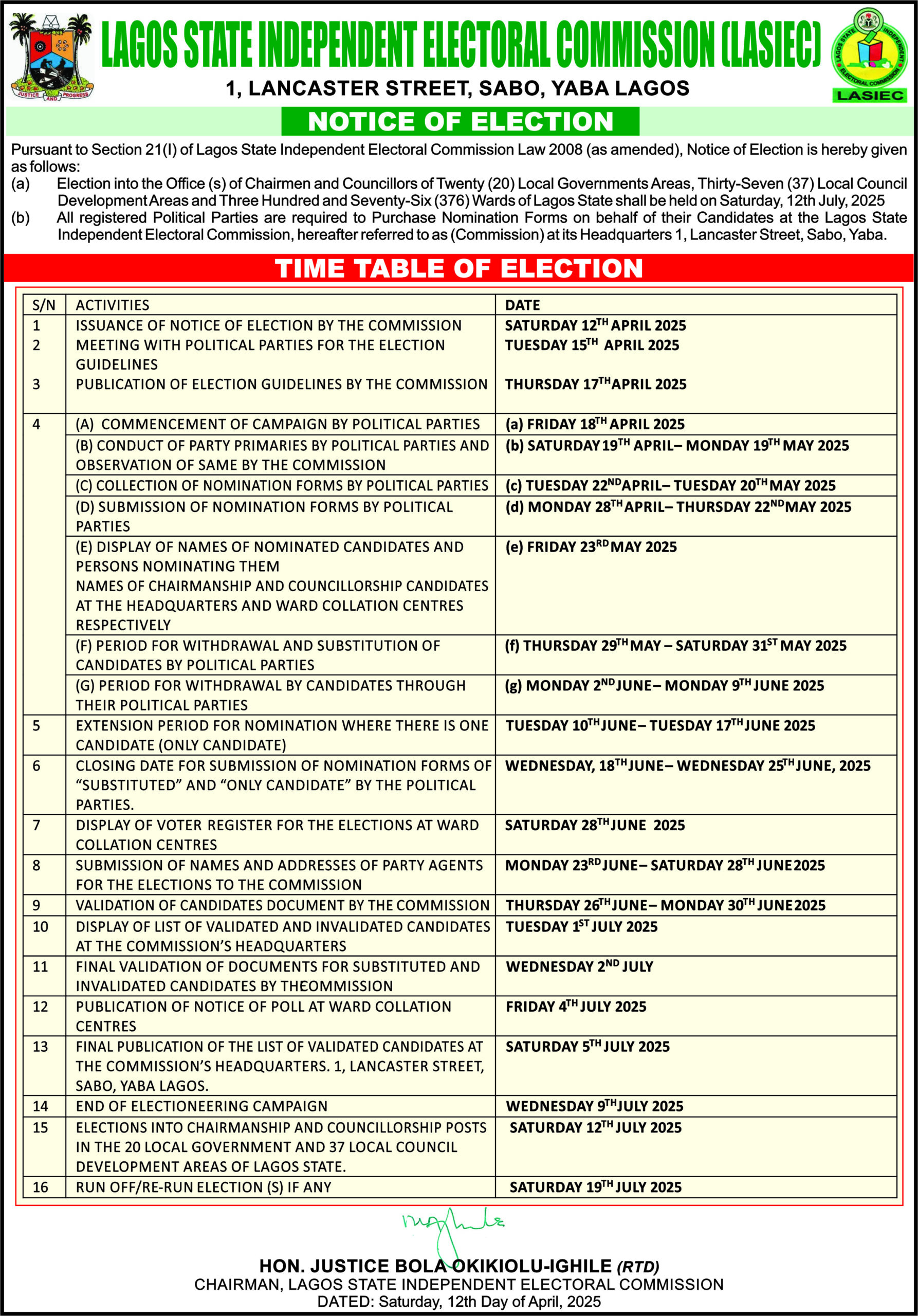 Election Time Table – Lagos State Independent Electoral Commission, LASIEC